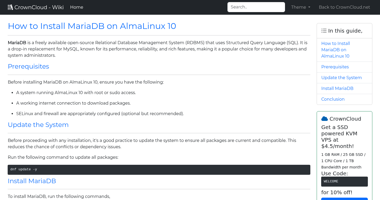 CrownCloud Wiki - How To Install MariaDB On AlmaLinux 10