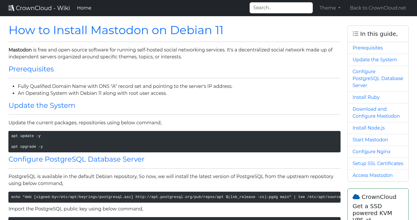CrownCloud Wiki - How To Install Mastodon On Debian 11