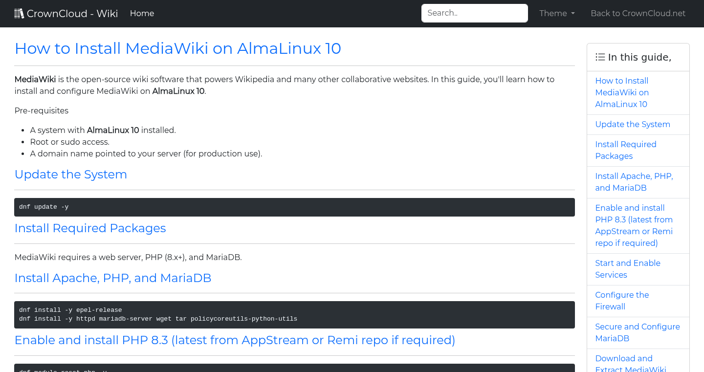 CrownCloud Wiki - How To Install MediaWiki On AlmaLinux 10