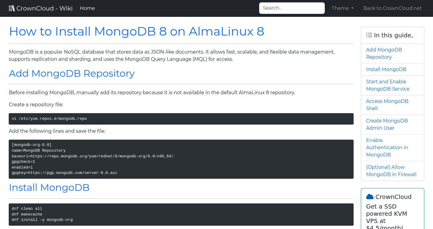 CrownCloud Wiki - How To Install MongoDB 8 On AlmaLinux 8