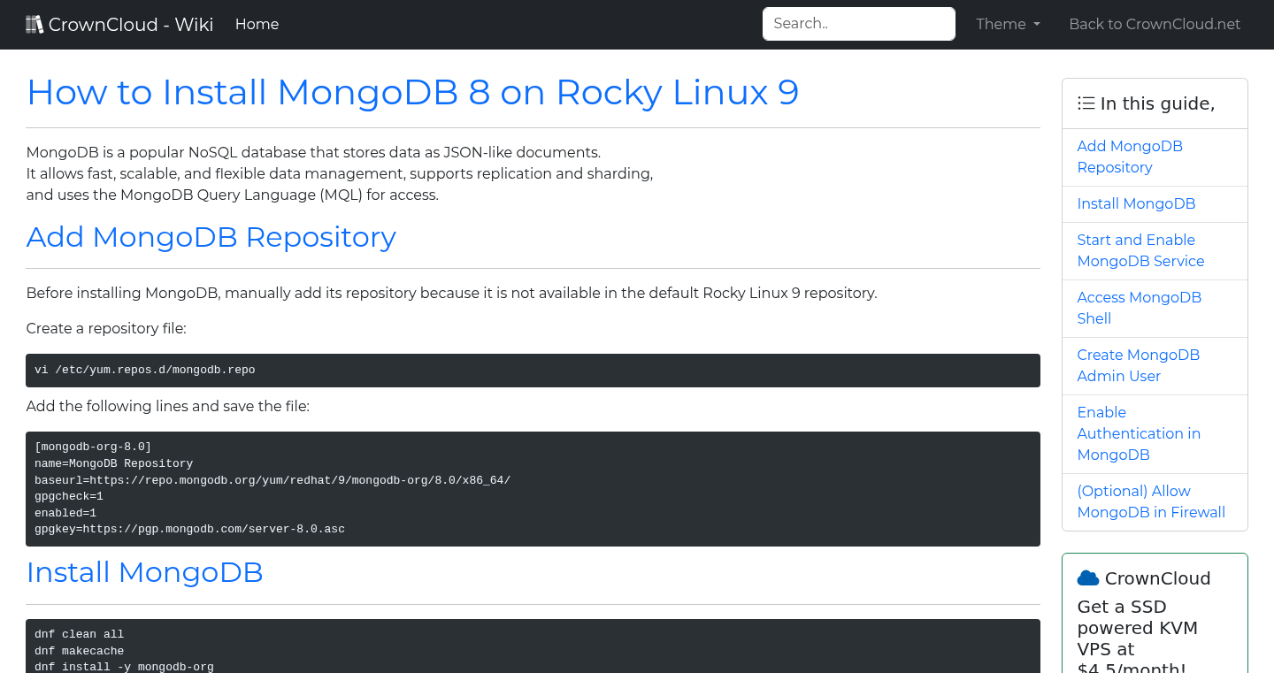CrownCloud Wiki - How To Install MongoDB 8 On RockyLinux 9