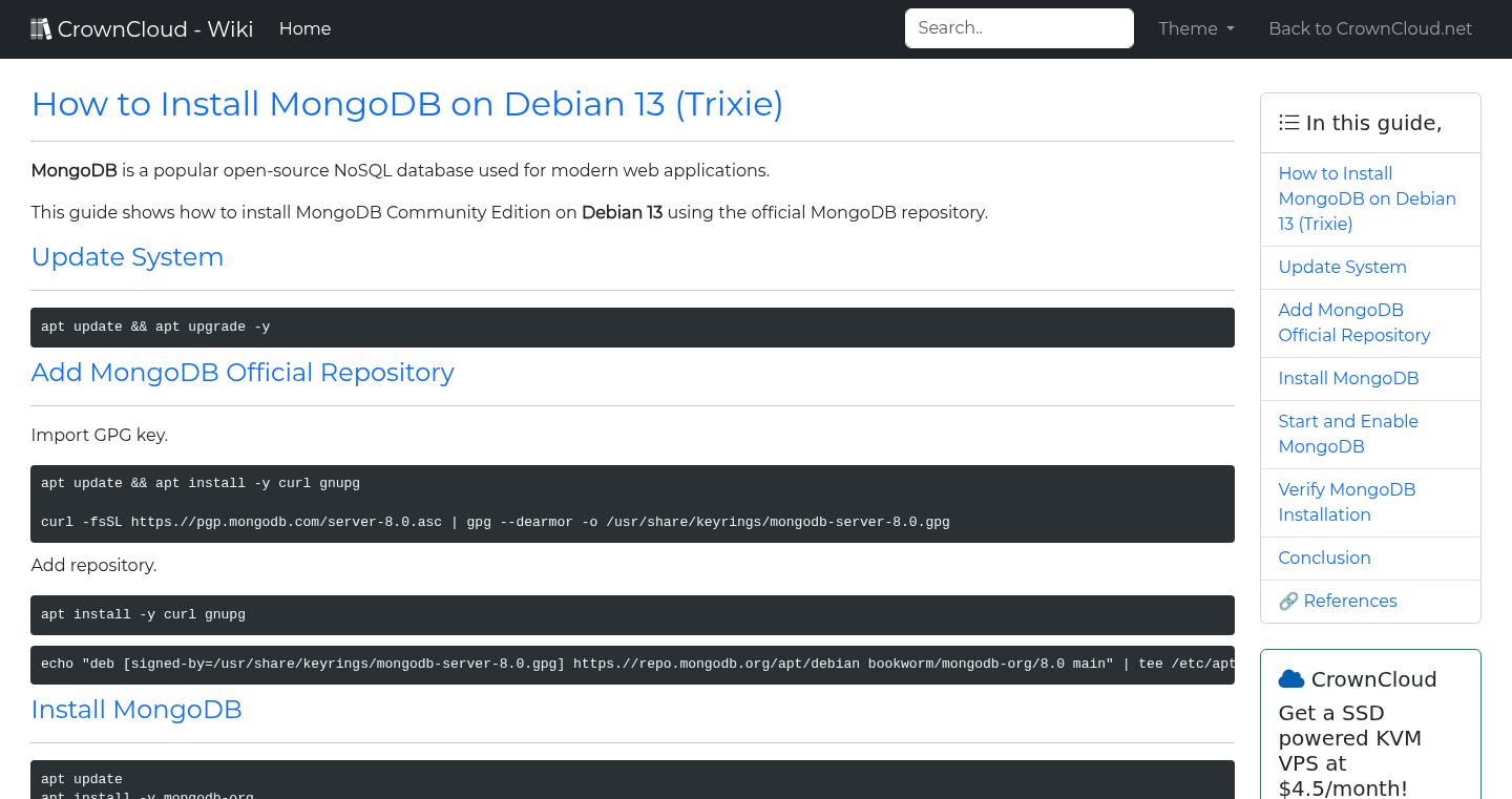 CrownCloud Wiki - How To Install MongoDB On Debian 13