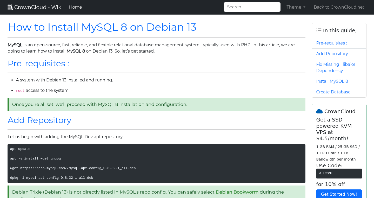 CrownCloud Wiki - How To Install MySQL 8 On Debian 13