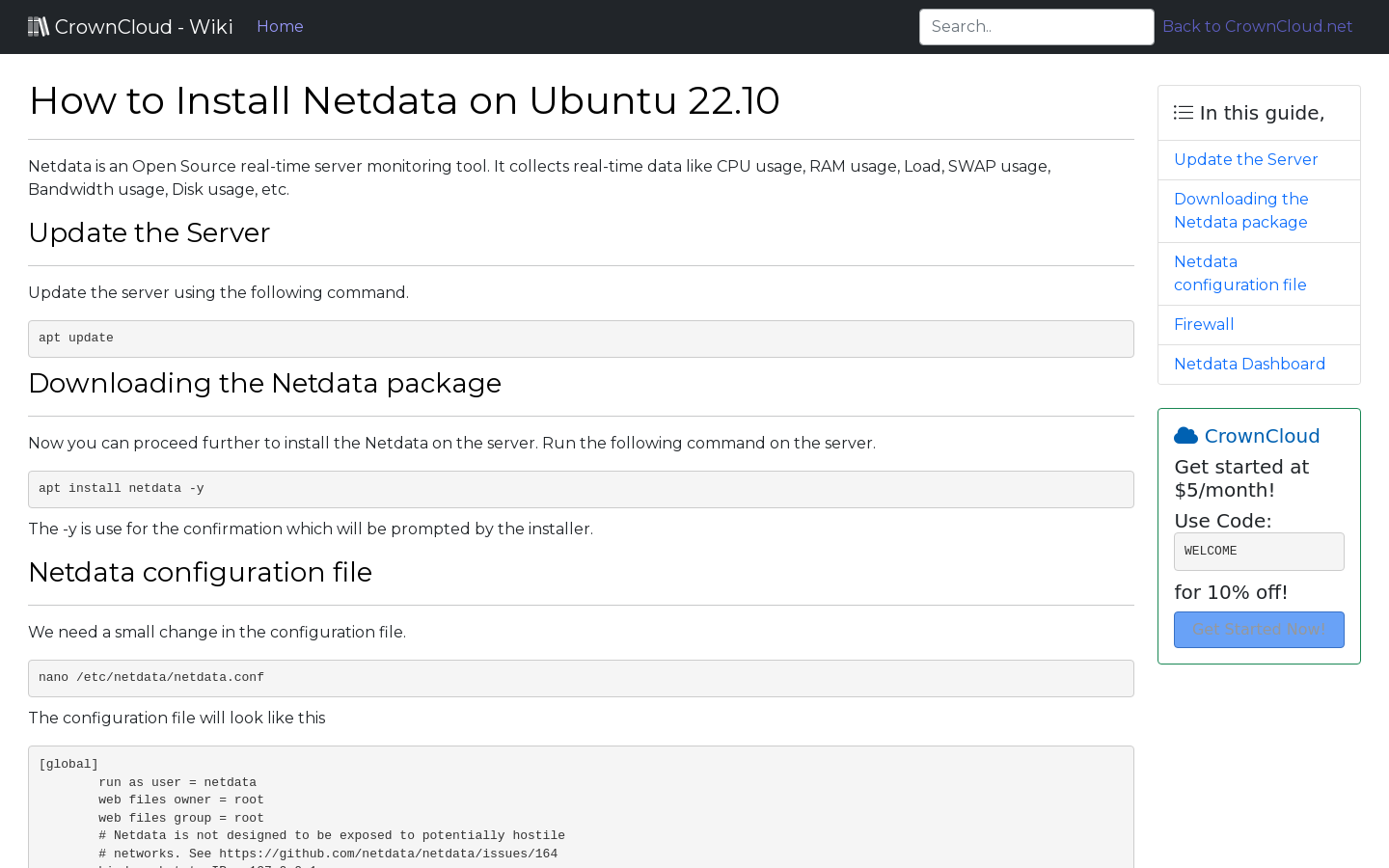 CrownCloud Wiki - How To Install Netdata Monitoring Tool Ubuntu 22 10 CrownCloud Wiki - How To Install Netdata Monitoring Tool Ubuntu 22 10