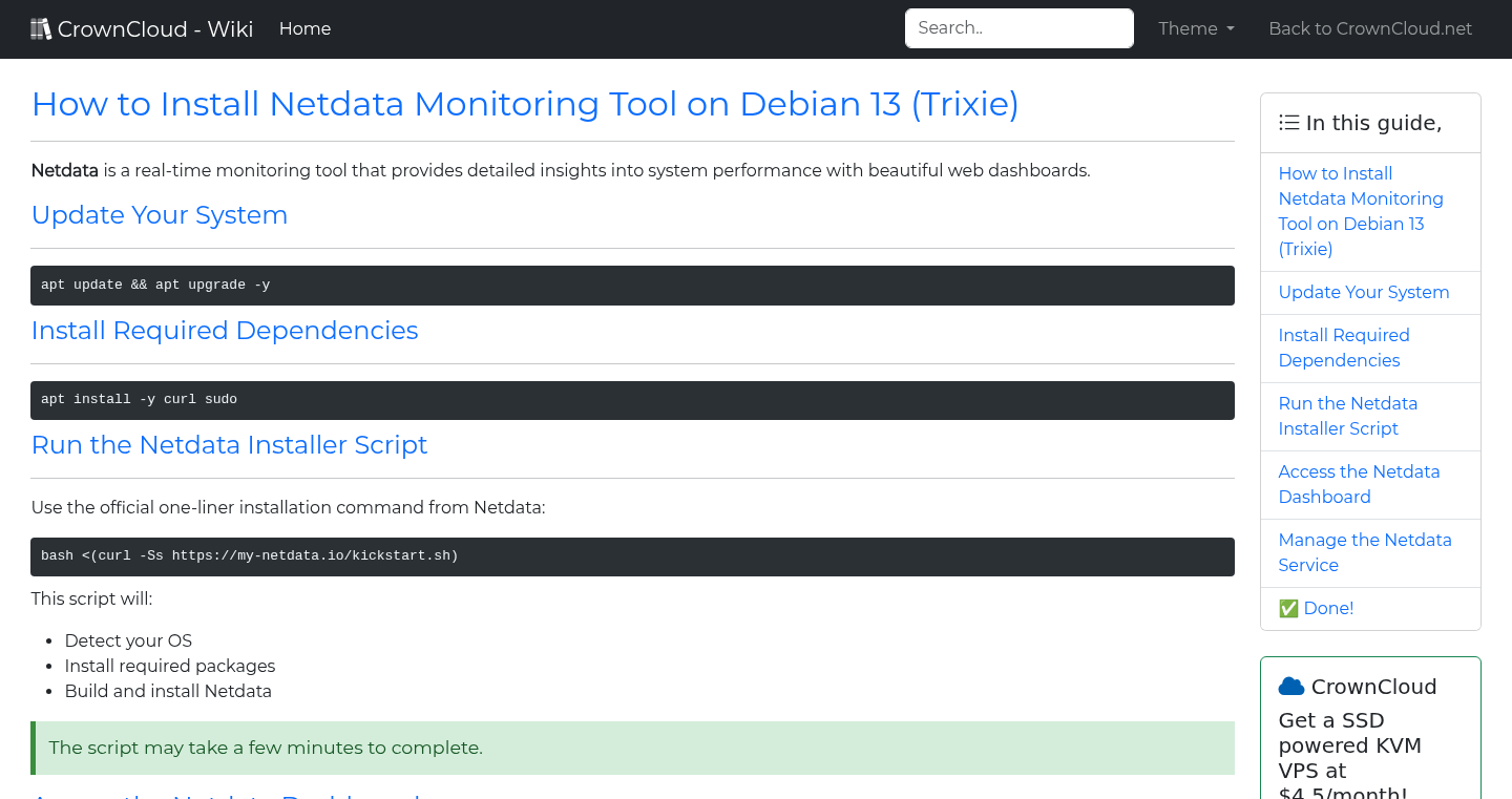 CrownCloud Wiki - How To Install Netdata On Debian 13