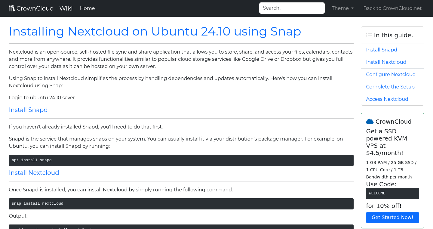 CrownCloud Wiki - How To Install Nextcloud Using Snap On Ubuntu 24 10