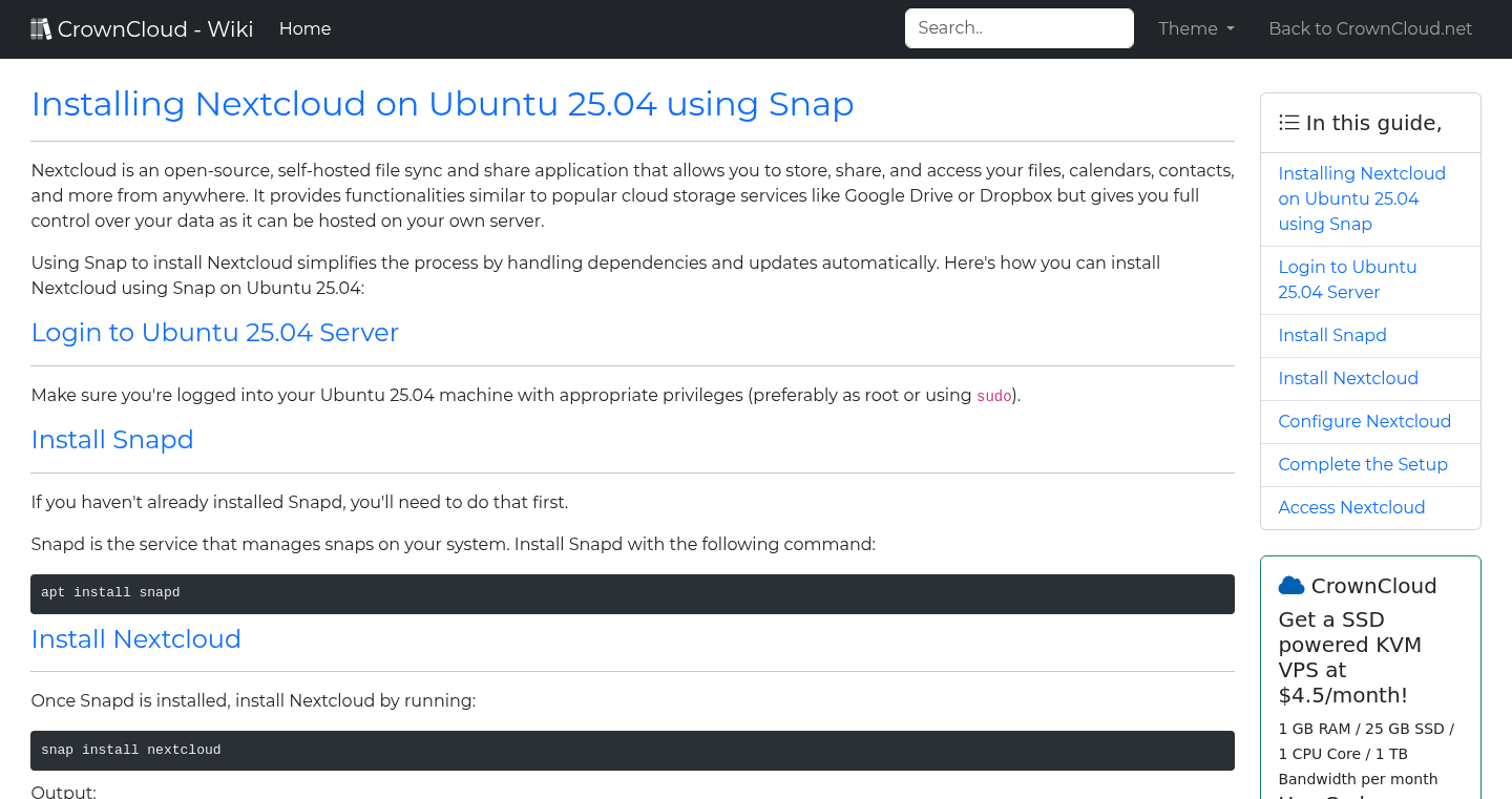 CrownCloud Wiki - How To Install Nextcloud Using Snap On Ubuntu 25 04