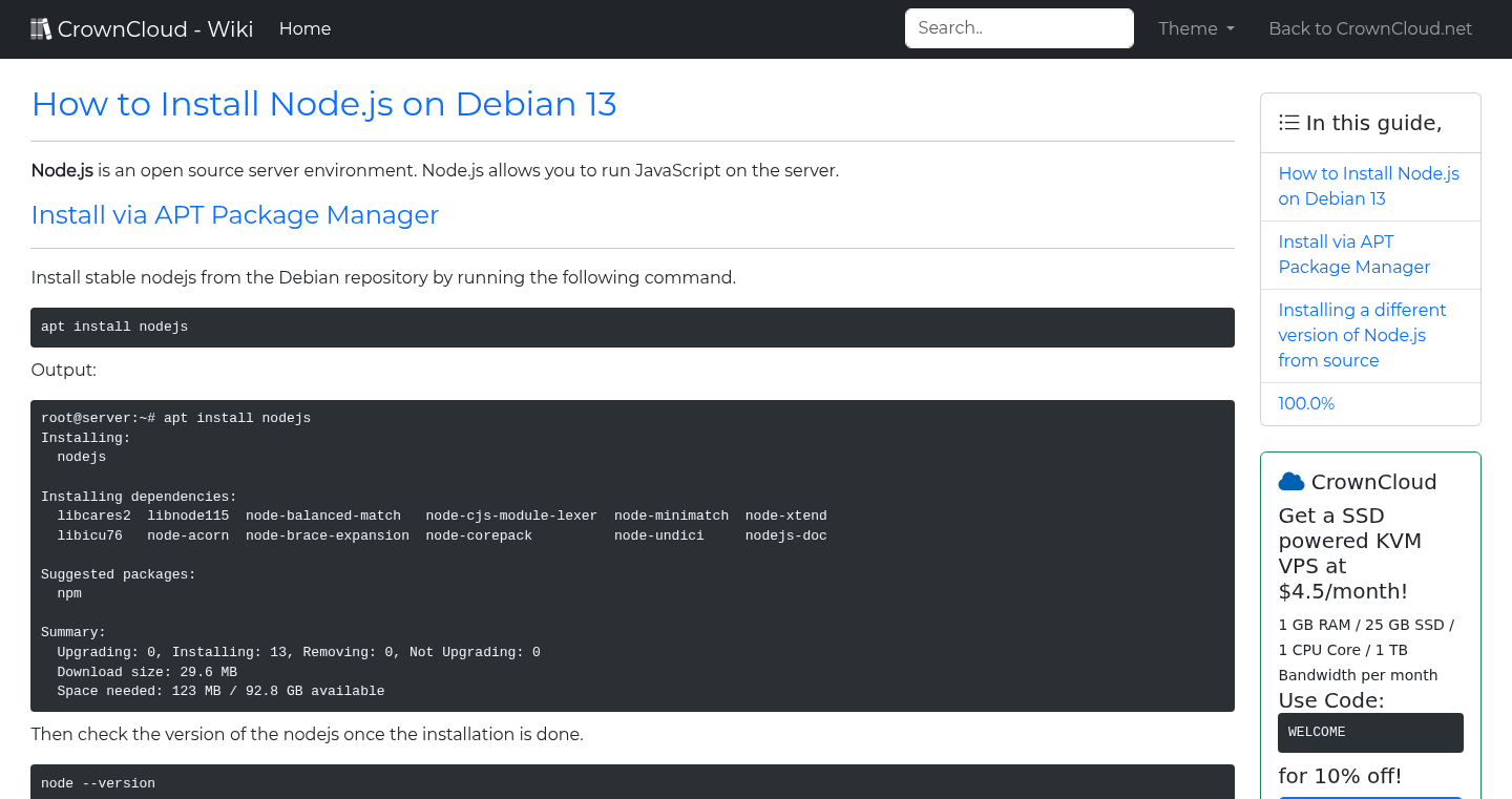 CrownCloud Wiki - How To Install Node JS On Debian 13