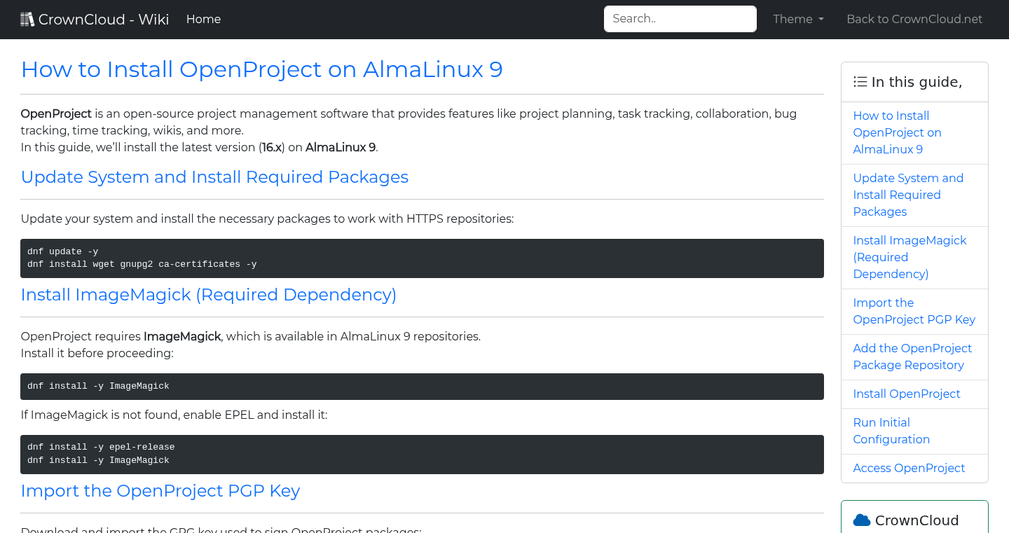 CrownCloud Wiki - How To Install OpenProject On AlmaLinux 9