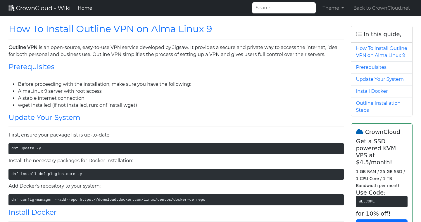 CrownCloud Wiki - How To Install Outline VPN On AlmaLinux 9