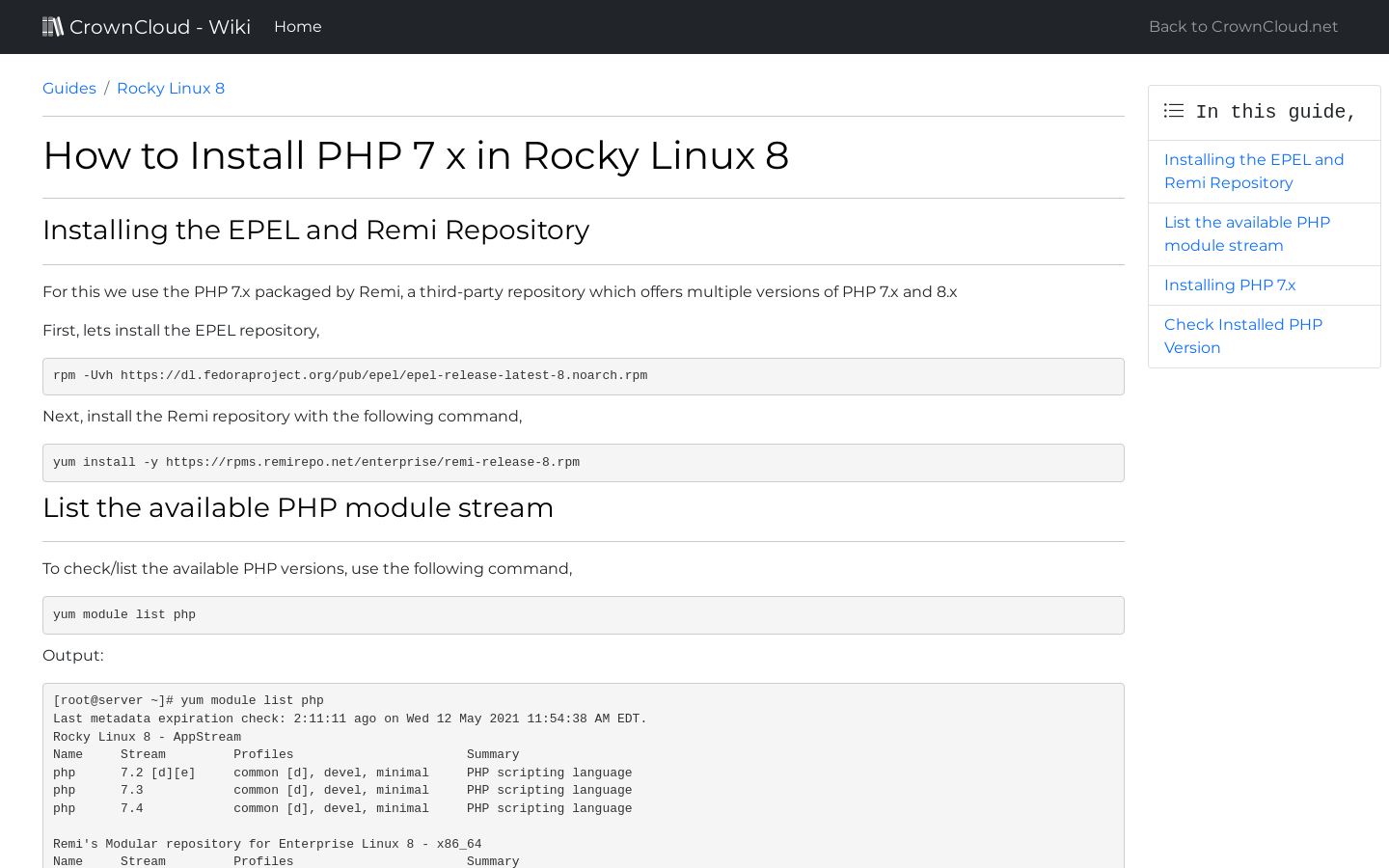 CrownCloud Wiki - How To Install PHP 7 X In Rocky Linux 8