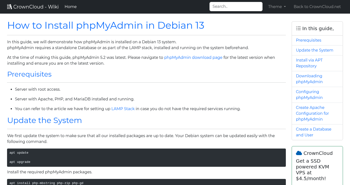CrownCloud Wiki - How To Install PhpMyAdmin In Debian 13