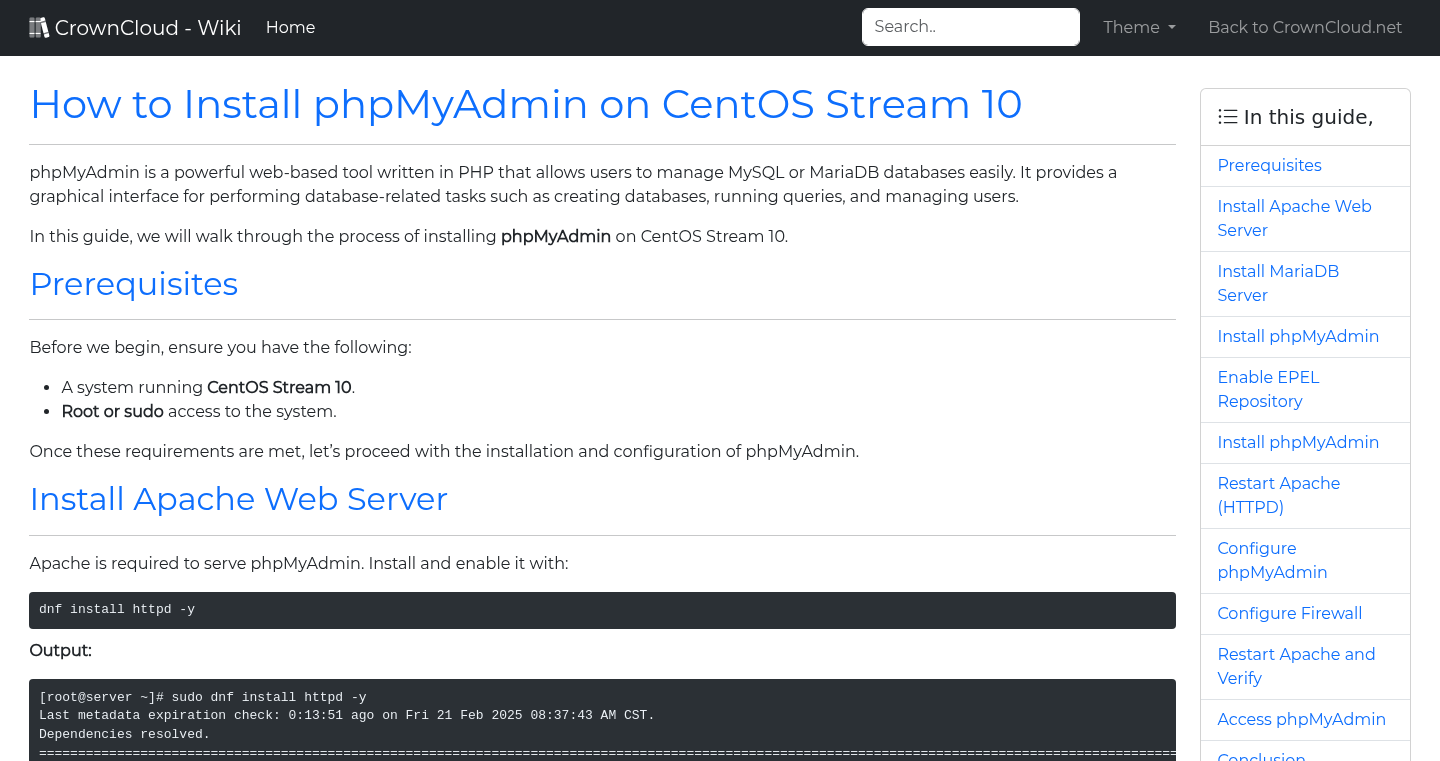 CrownCloud Wiki - How To Install PhpMyAdmin On CentOS Stream 10