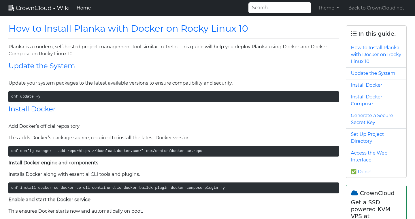 CrownCloud Wiki - How To Install Planka With Docker On Rocky Linux 10