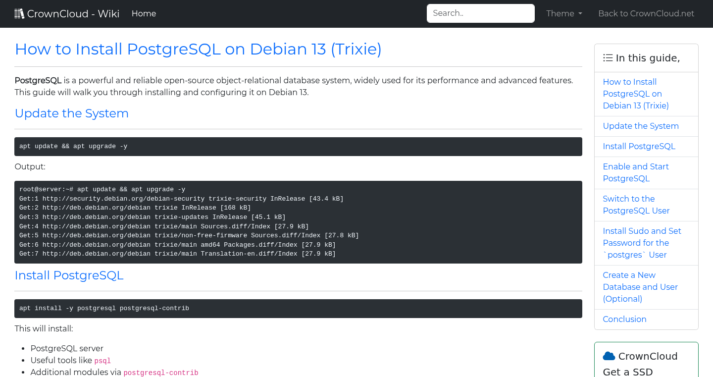 CrownCloud Wiki - How To Install PostgreSQL On Debian 13