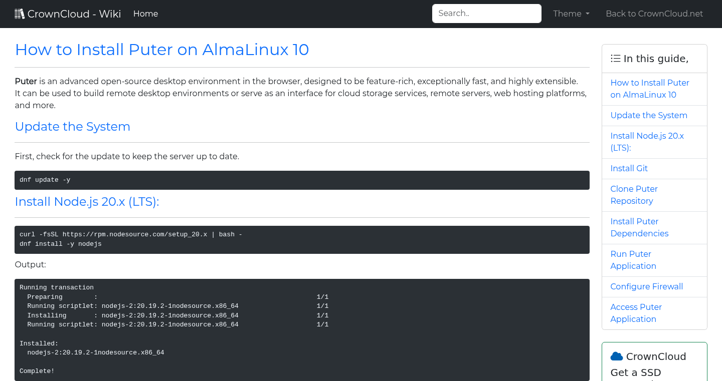 CrownCloud Wiki - How To Install Puter On AlmaLinux 10