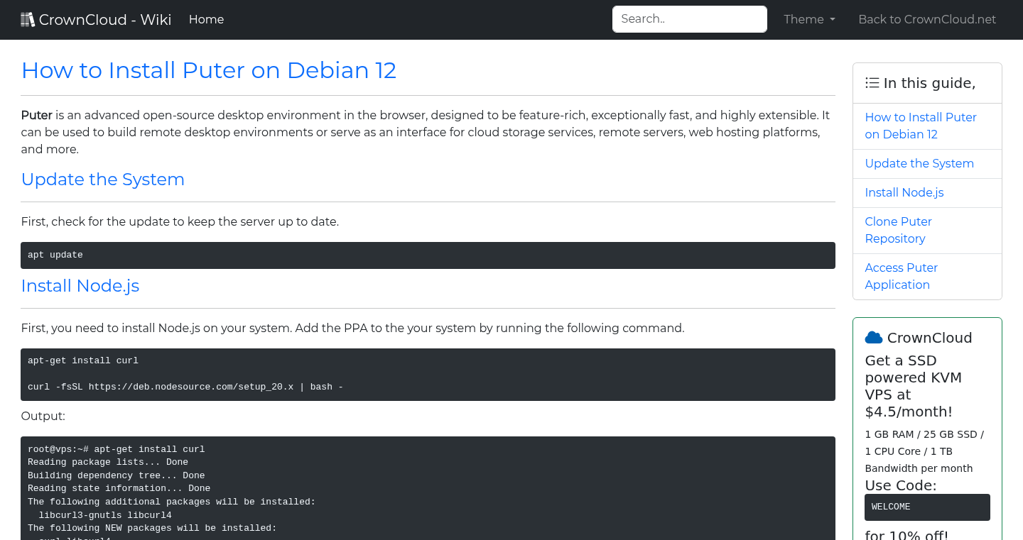 CrownCloud Wiki - How To Install Puter On Debian 12