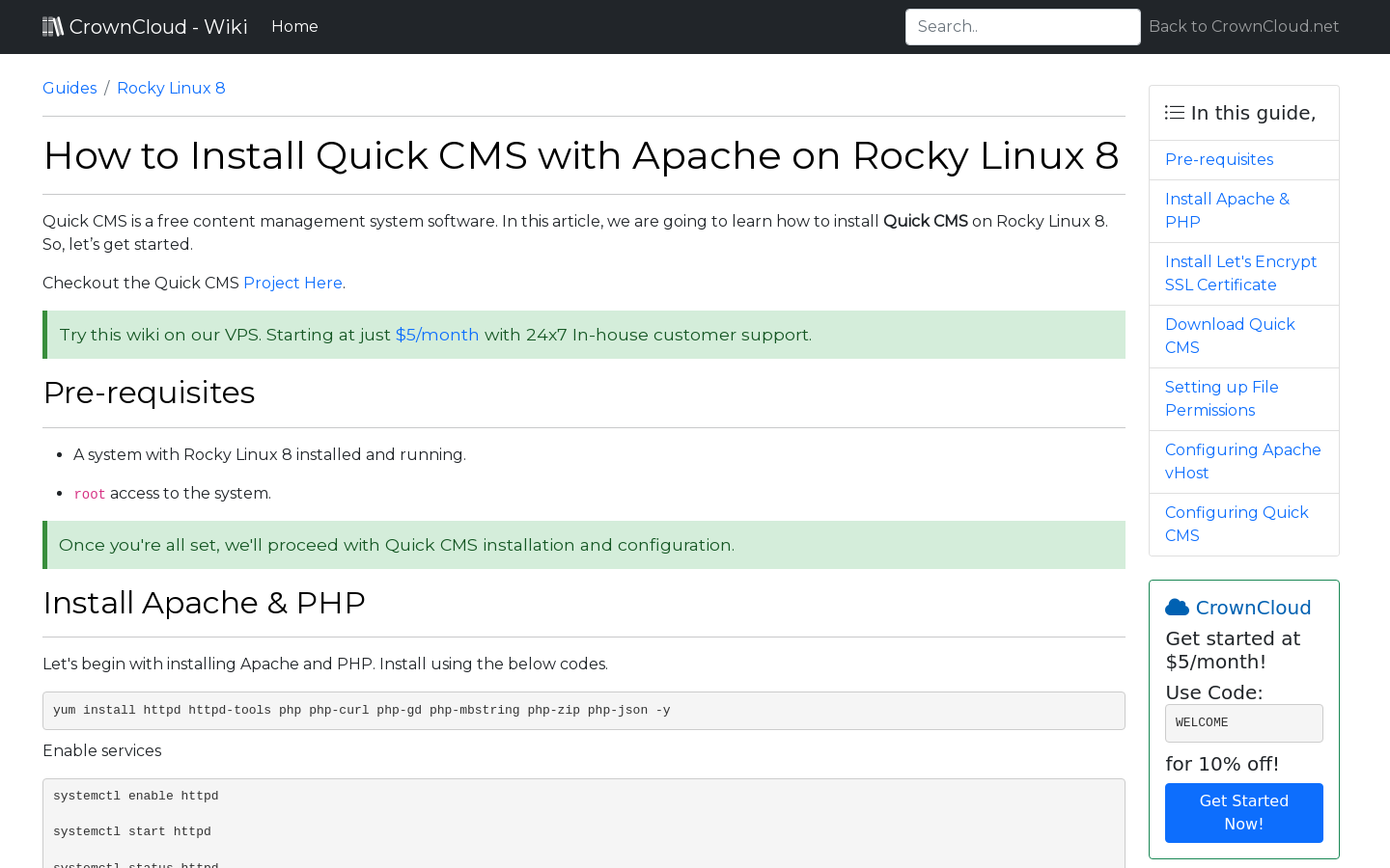 CrownCloud Wiki - How To Install Quick CMS With Apache On Rocky Linux 8