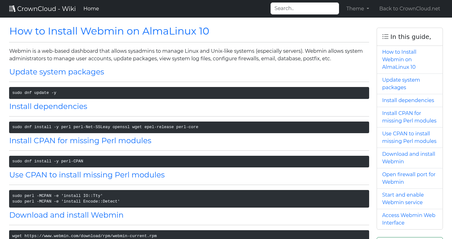 CrownCloud Wiki - How To Install WebMin On AlmaLinux 10