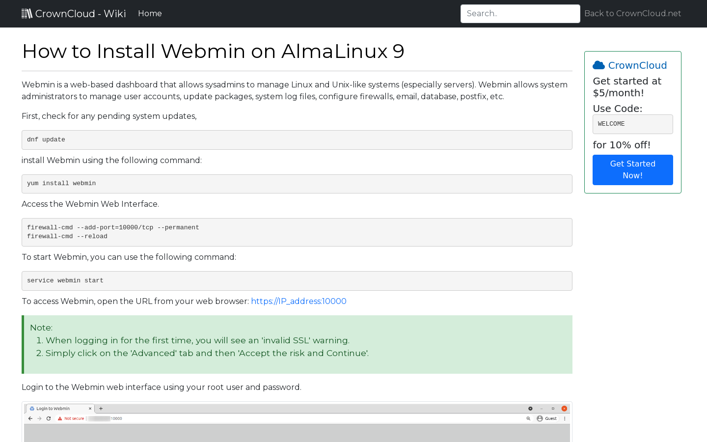 CrownCloud Wiki - How To Install WebMin On AlmaLinux 9