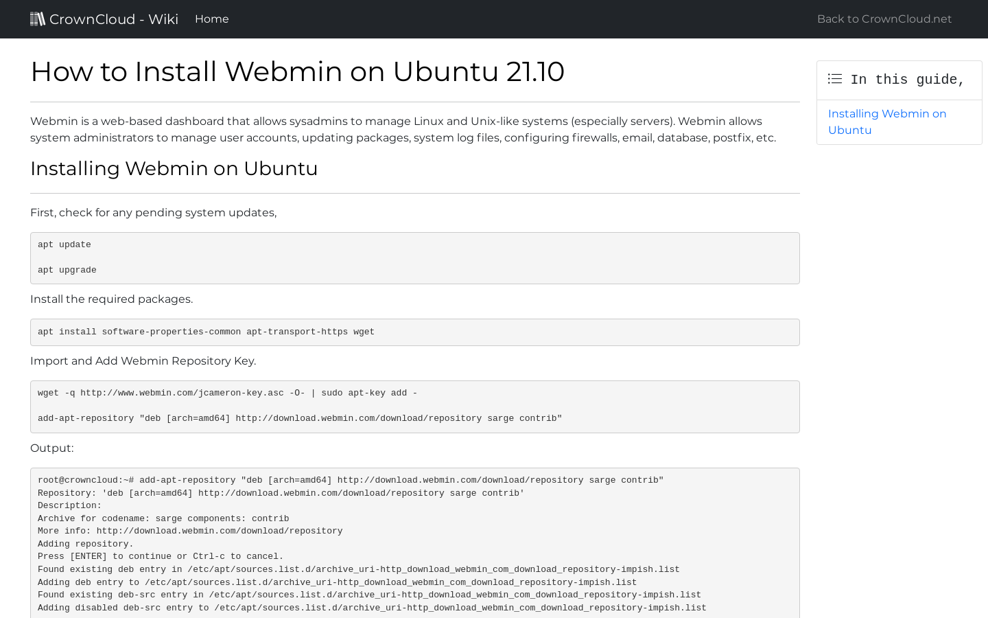 CrownCloud Wiki - How To Install Webmin On Ubuntu 21 10