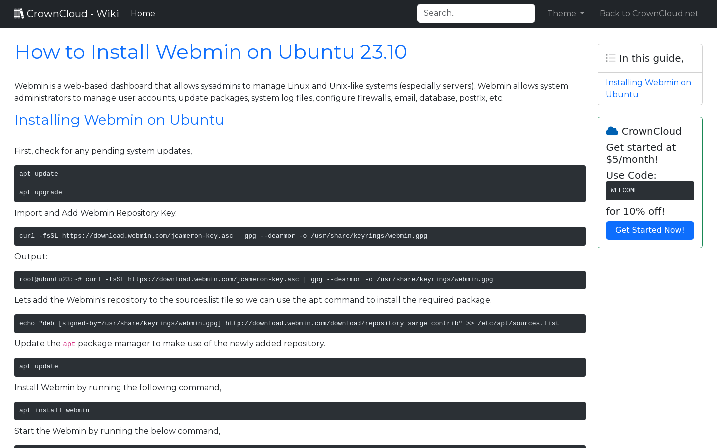 CrownCloud Wiki - How To Install Webmin On Ubuntu 23 10