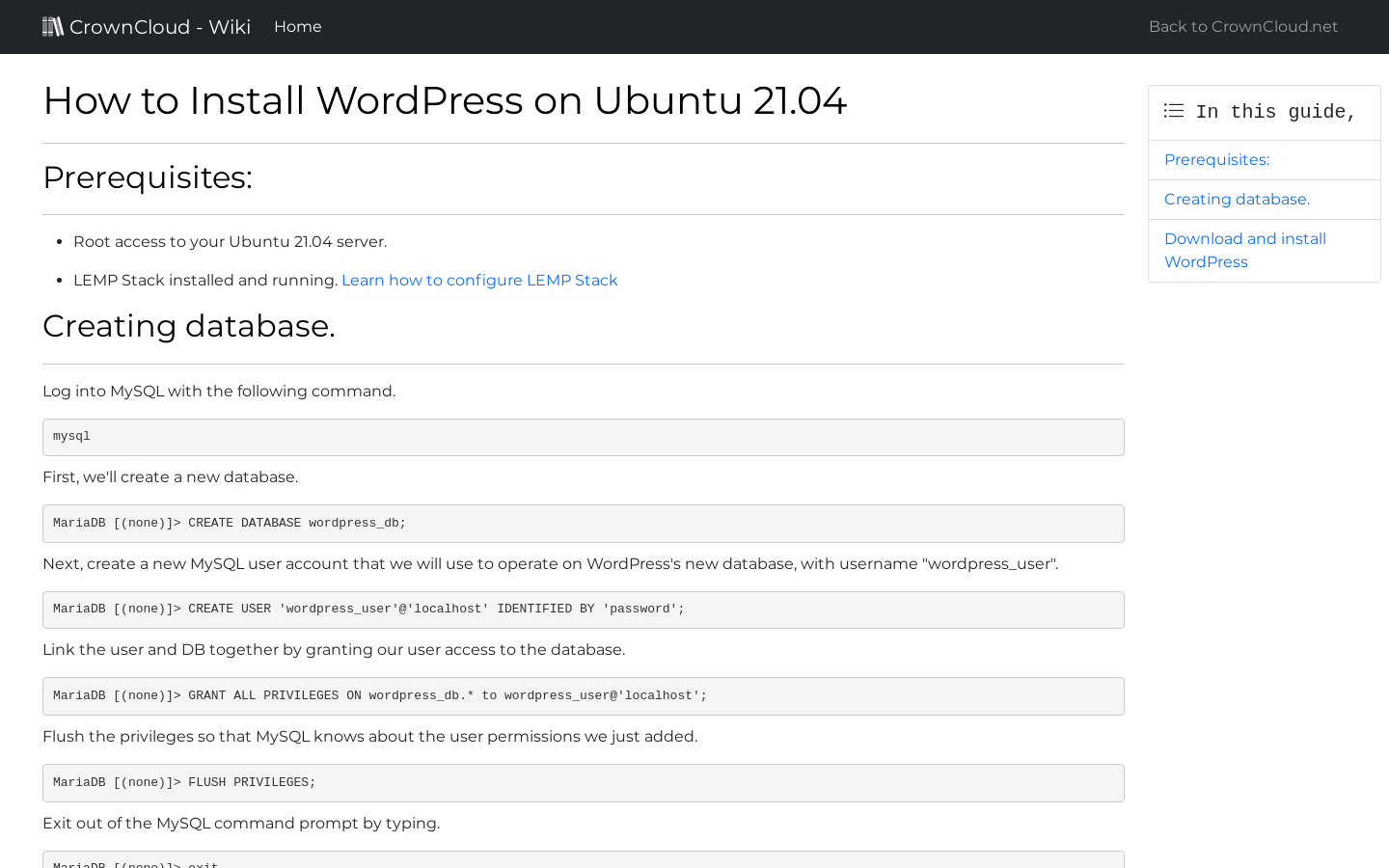 CrownCloud Wiki - How To Install WordPress On Ubuntu 21 04