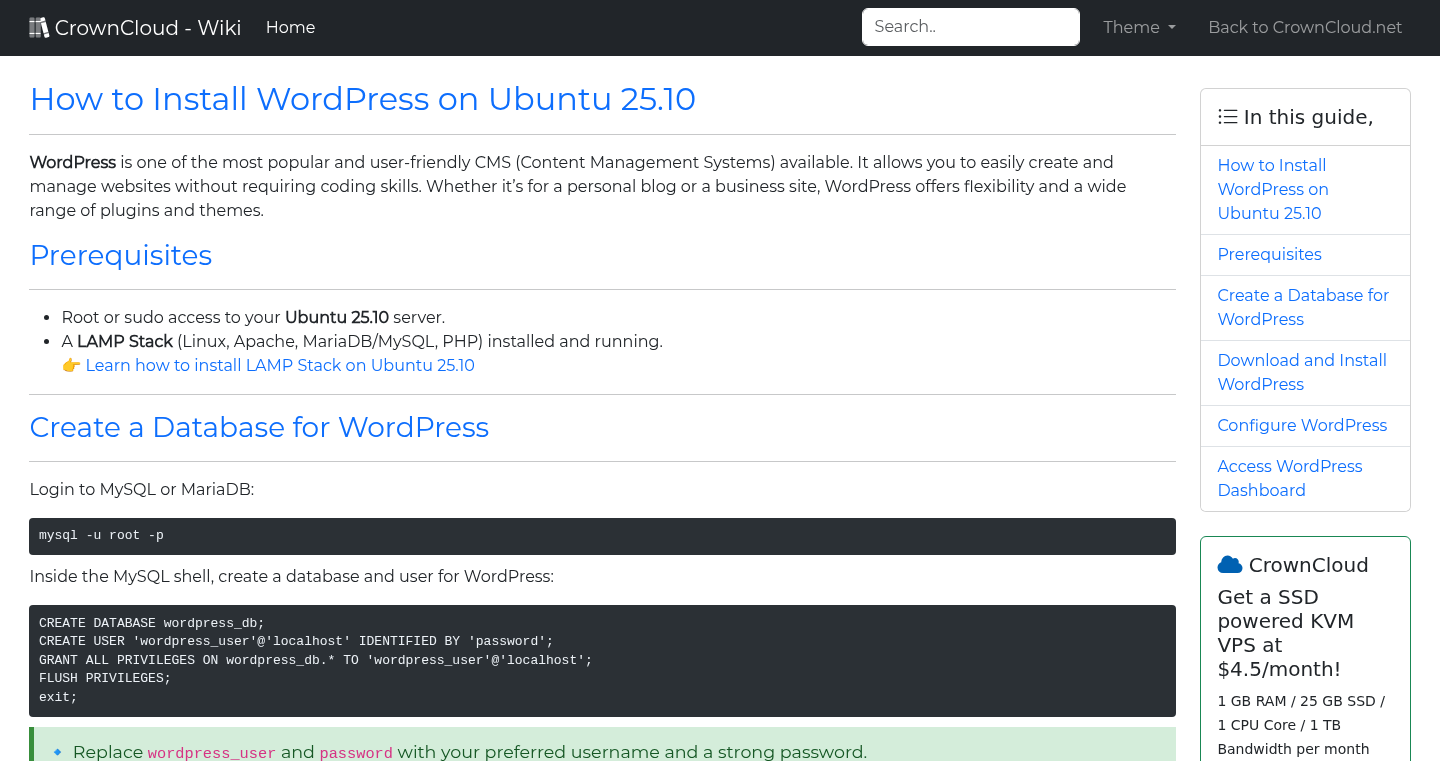 CrownCloud Wiki - How To Install WordPress On Ubuntu 25 10