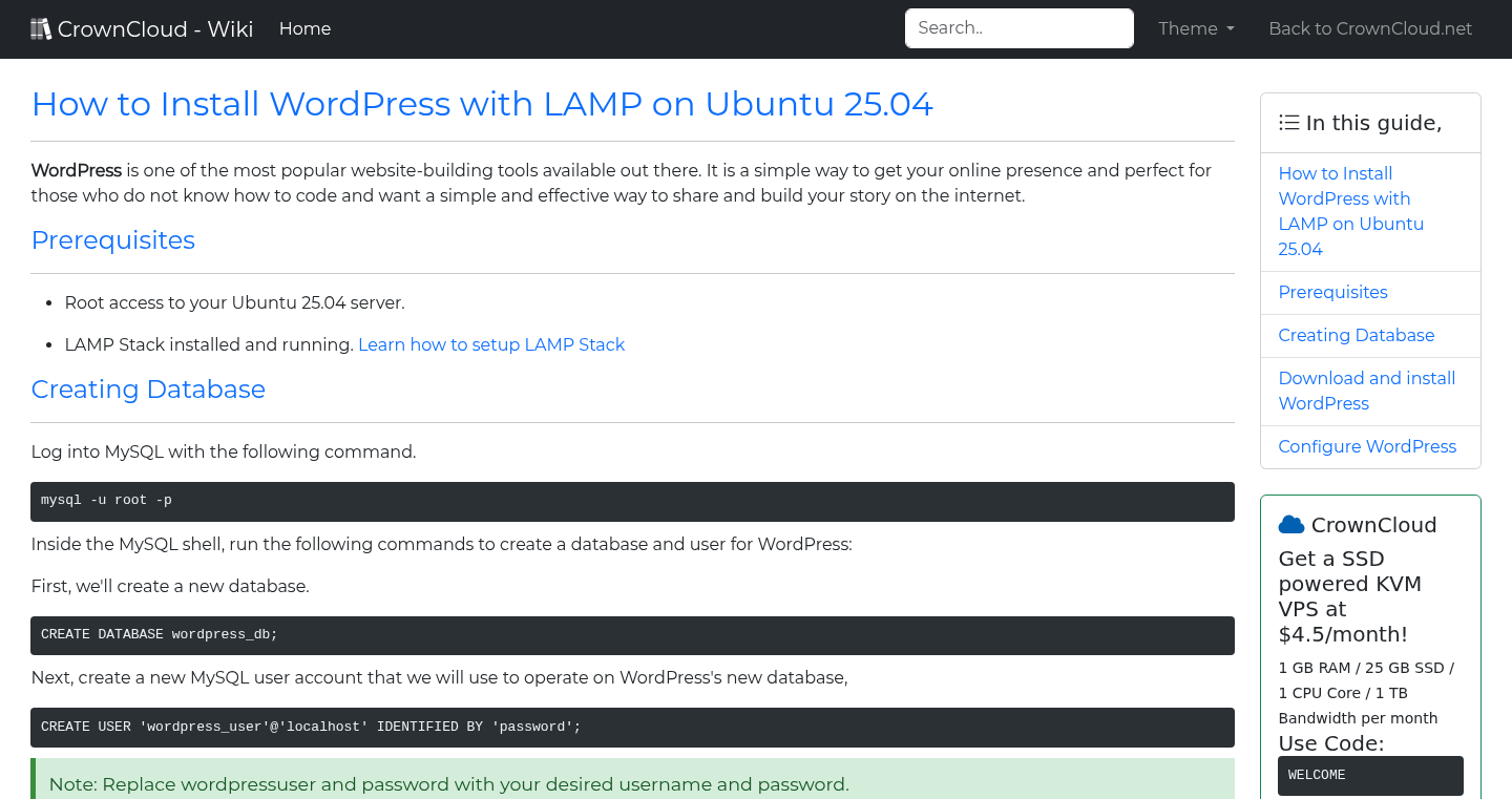 CrownCloud Wiki - How To Install WordPress With LAMP On Ubuntu 25 04