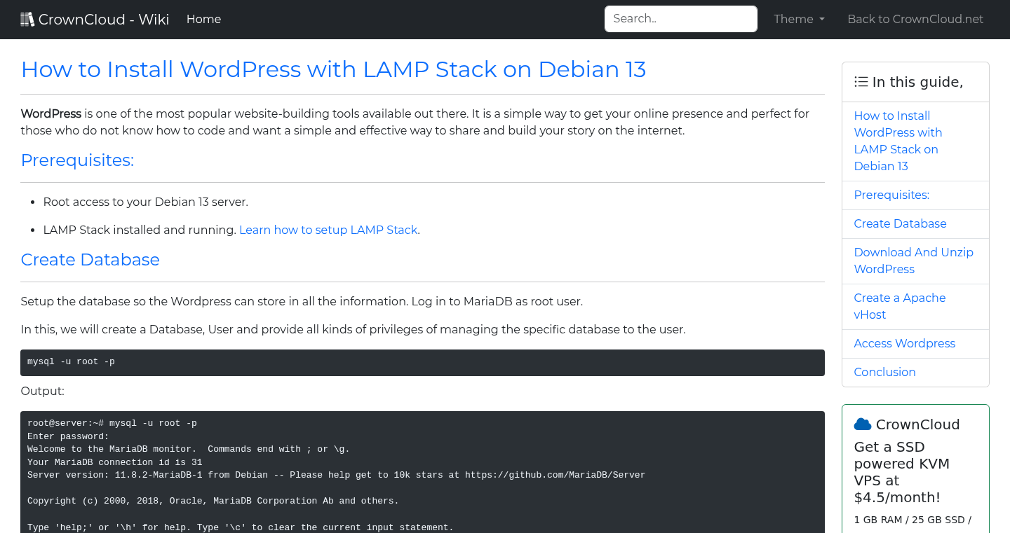 CrownCloud Wiki - How To Install WordPress With LAMP Stack On Debian 13