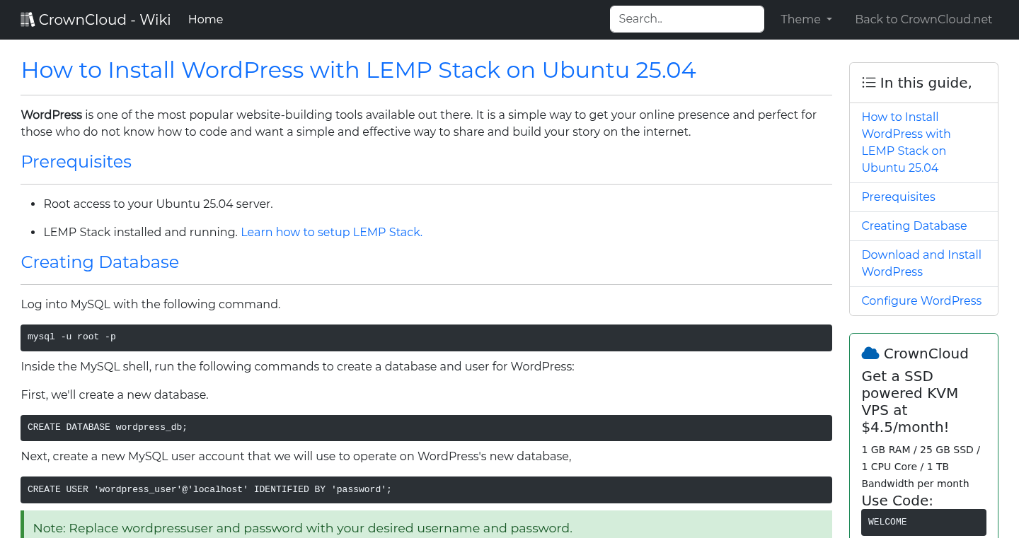 CrownCloud Wiki - How To Install WordPress With LEMP Stack On Ubuntu 25 04