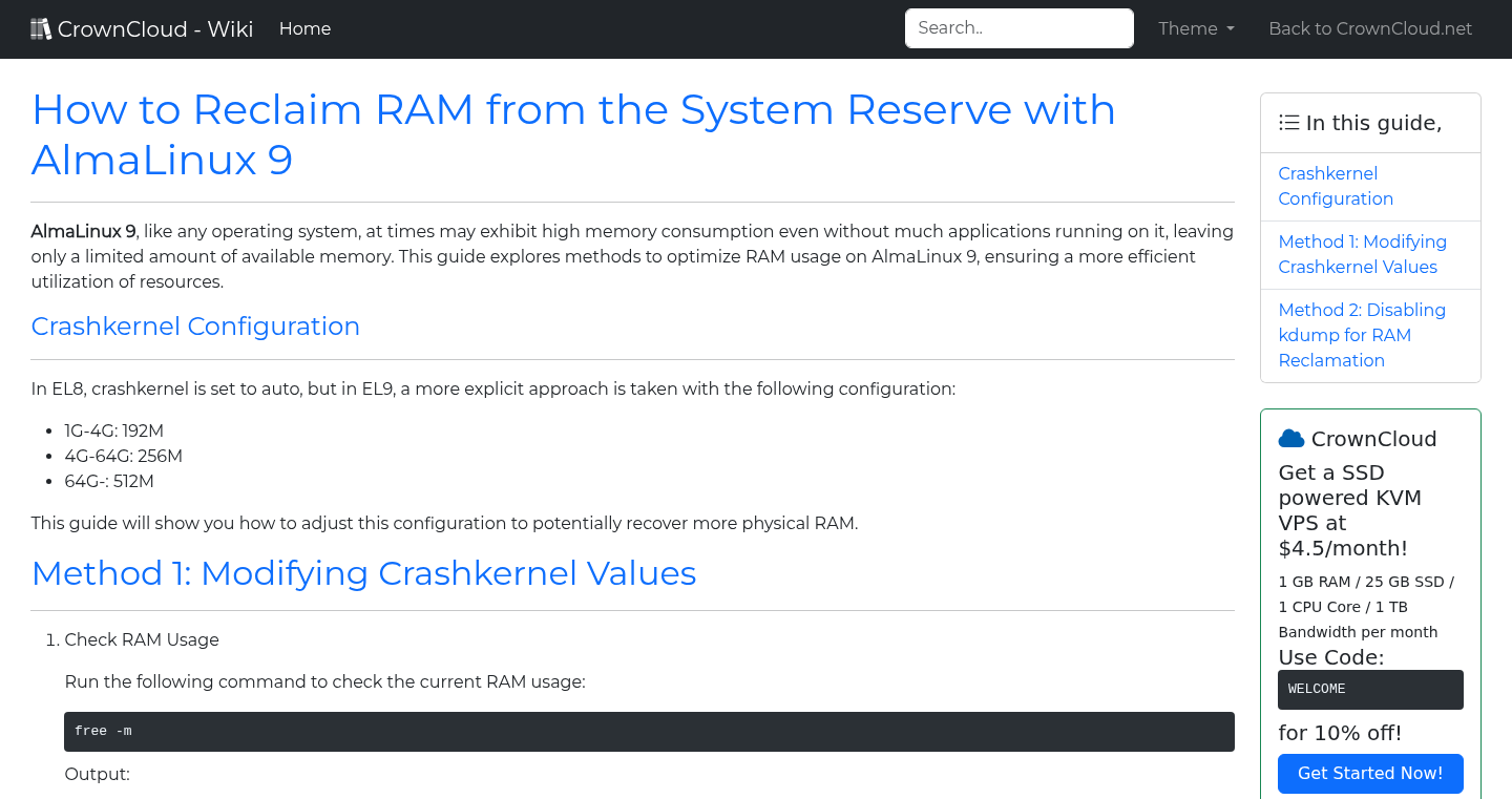 CrownCloud Wiki - How To Reclaim RAM From The System Reserve With AlmaLinux 9