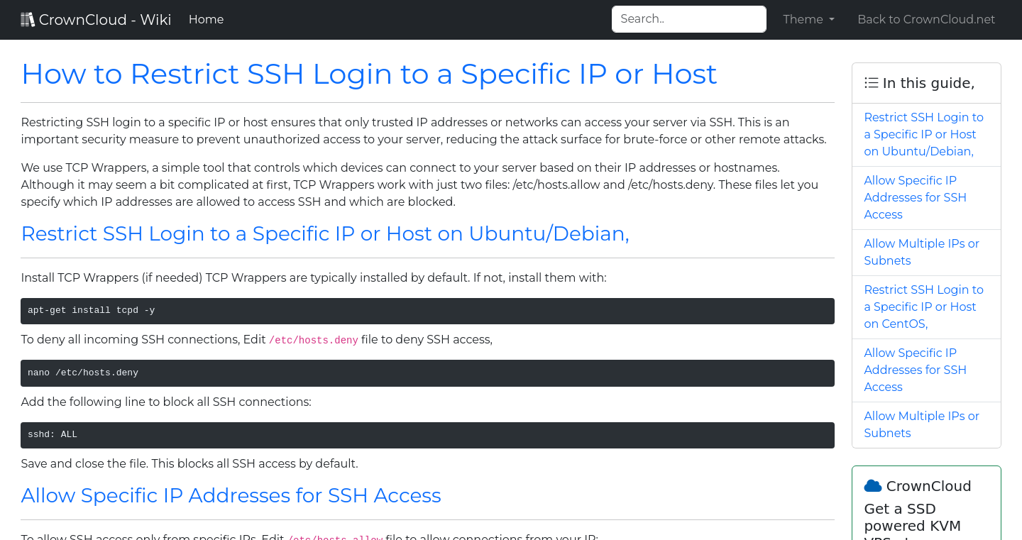 CrownCloud Wiki - How To Restrict SSH Login To A Specific IP Or Host