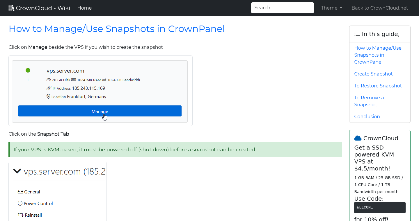 CrownCloud Wiki - How To Use Manage Snapshots In CrownPanel