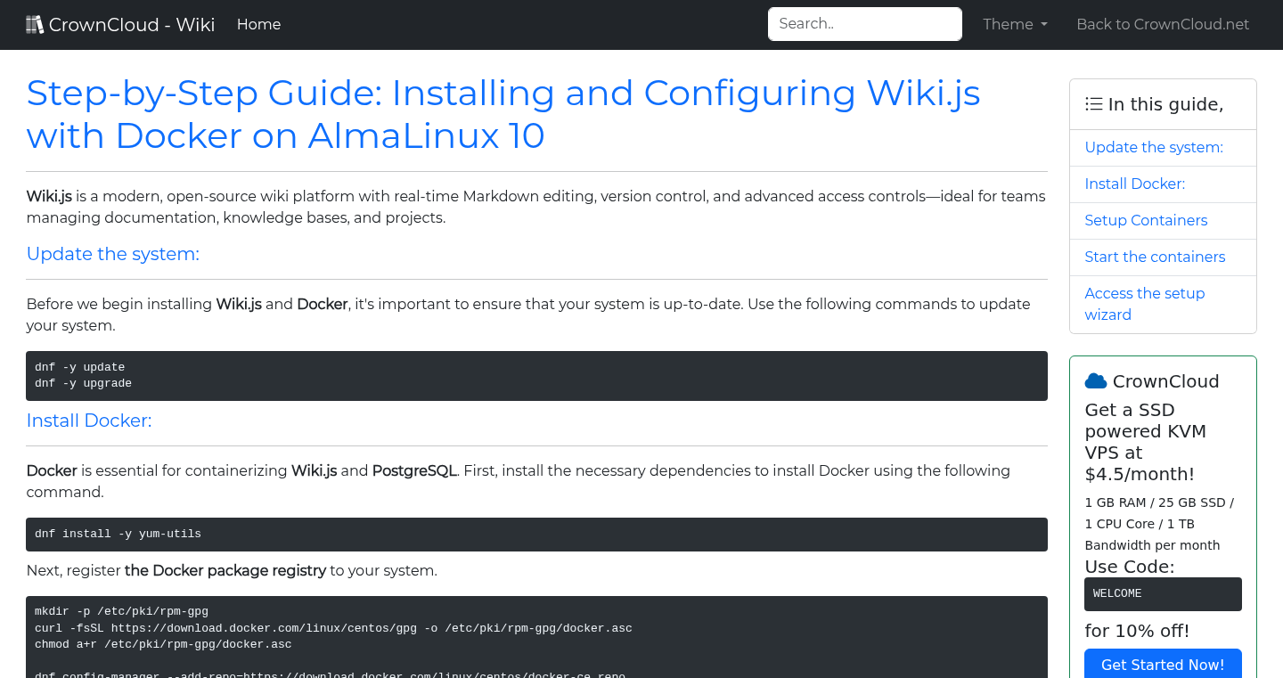 CrownCloud Wiki - Install And Configure Wiki Js On AlmaLinux 10