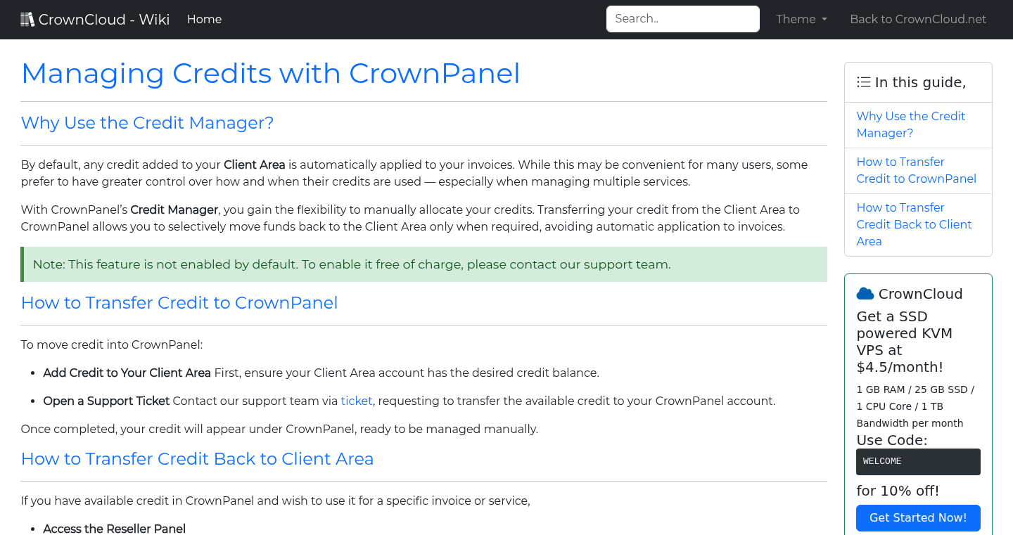 CrownCloud Wiki - Managing Credits With CrownPanel